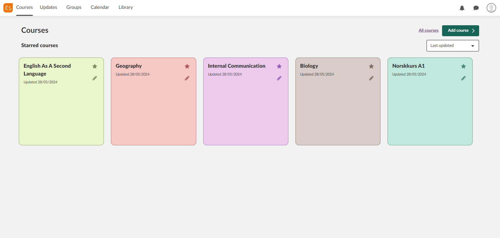 Course cards homepage - student view
